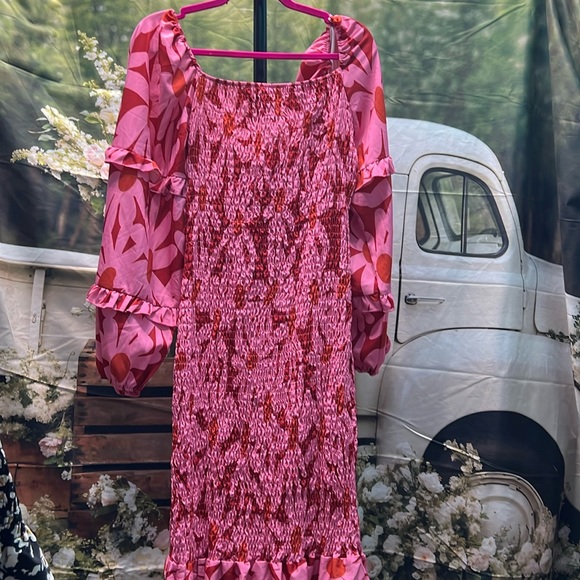 Other | Xl Nwt Funlingo Dress Red With Pink Flowers Smocking In Boddy Ruffles Soft | Poshmark